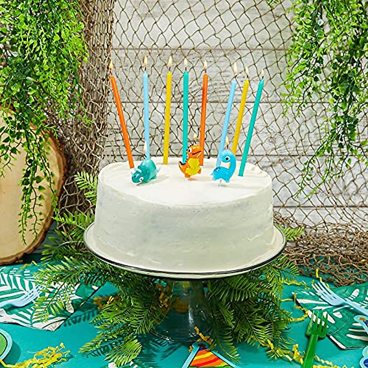 3D Dinosaur Cake Topper with Thin Candles in Holders (18-Pack)