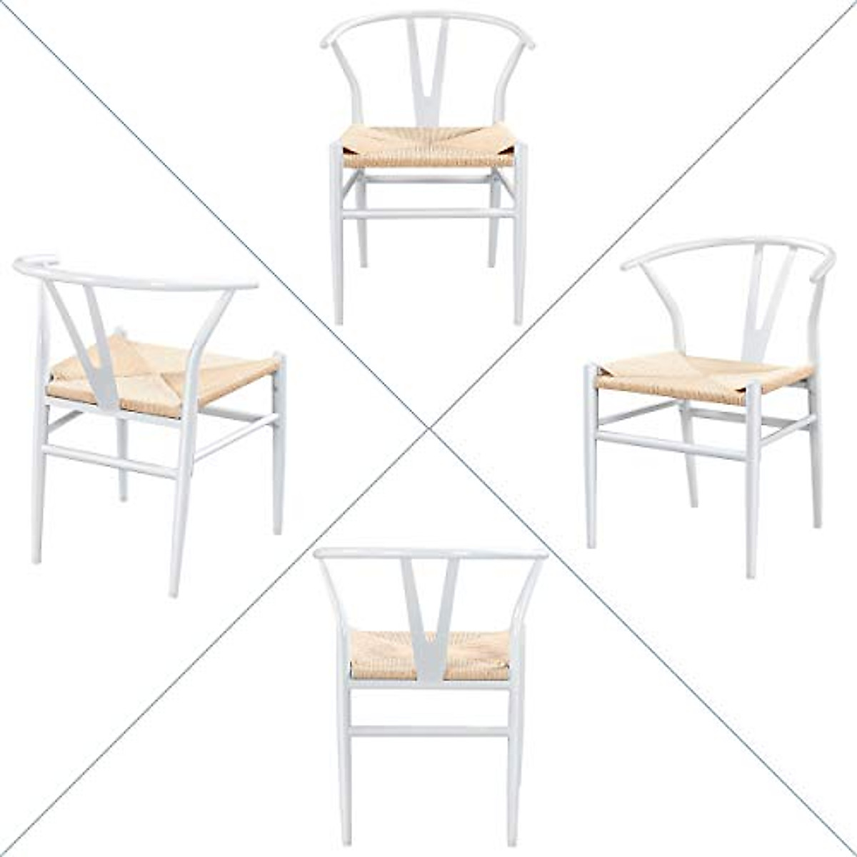 Yaheetech Set of 2 Weave Chair Mid-Century Metal Dining Chair Y-Shaped Backrest Hemp Seat, White