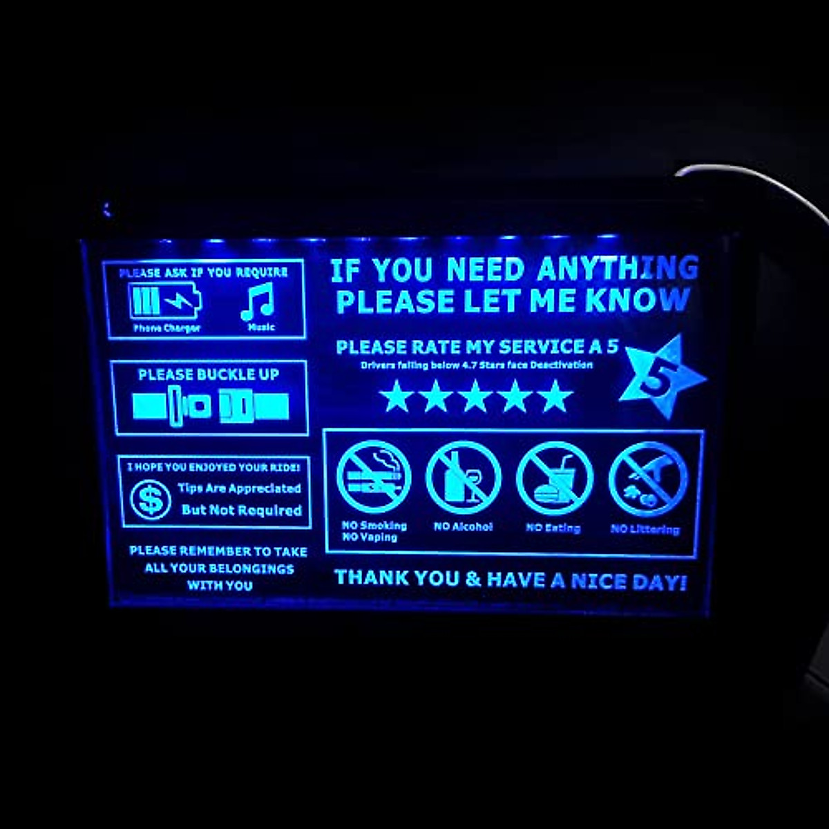 HEBANG LED acrylic USB Car Taxi Driver Tips Sign Car Taxi Driver 5 Stars Tipping Appreciated No smoking Wear a mask Tips HB-01