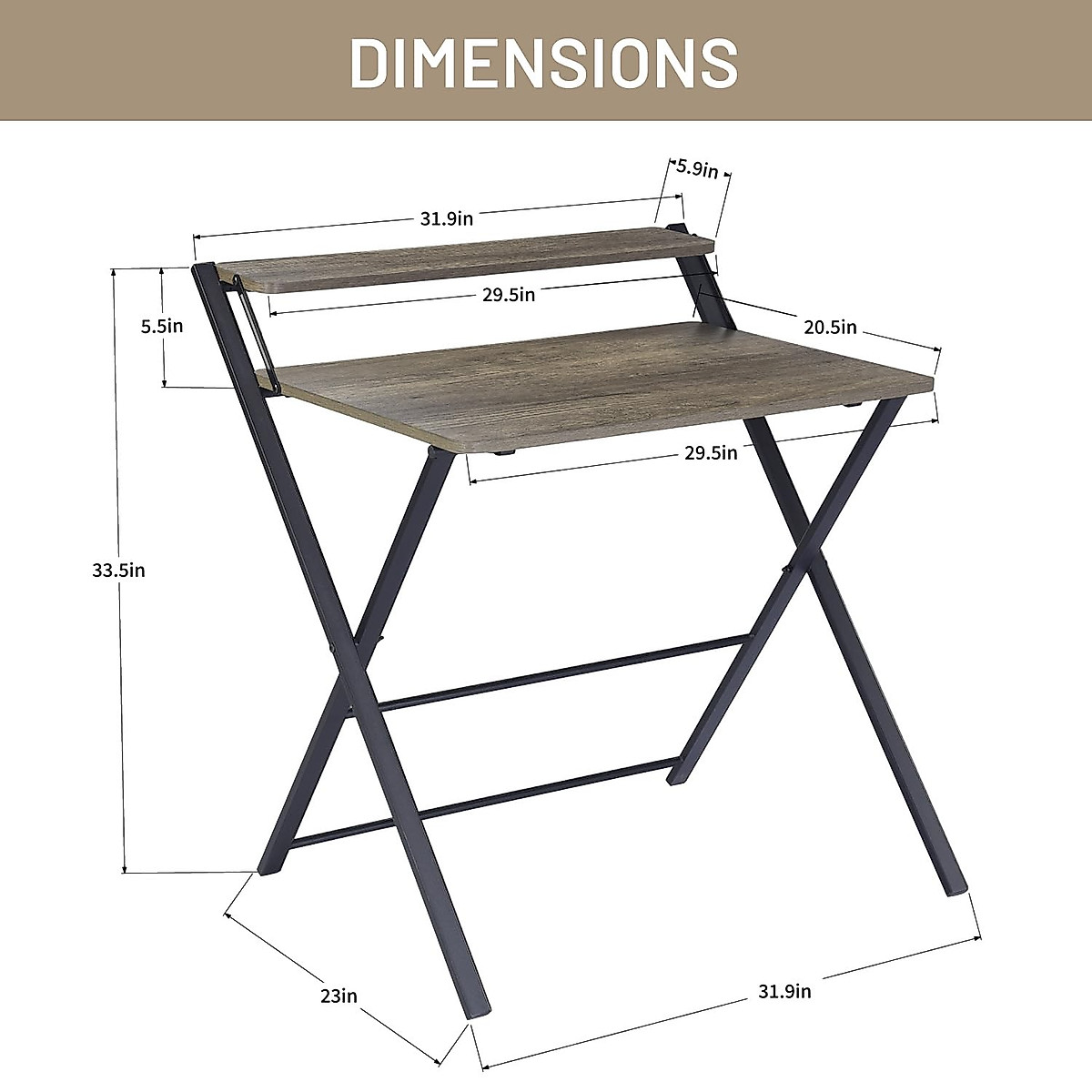 Folding Desk, 31.9 Inch Foldable Writing Table 2 Tier, Computer Desk for Home Office Study, Metal Frames/Wood Table Top, Space Saving, No Assembly Required, Brown