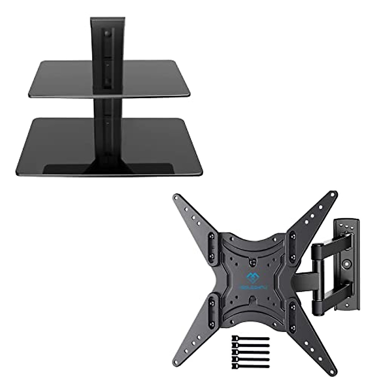 PERLESMITH Floating Wall Mounted Shelf Double AV Shelf & PERLESMITH Full Motion TV Wall Mount for 26-60 Inch TVs