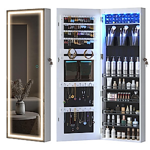 LVSOMT LED Mirror Jewelry Cabinet, Wall/Door Mount Jewelry Organizer Armoire with Lights, Full Length Mirror with Jewelry Storage, Over the Door Hanging Jewelry Cabinet (White)