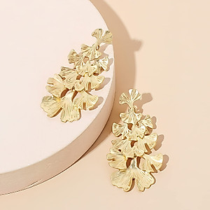 Vintage Earrings for Women Matt Metal Ginkgo Biloba Textured Statement Earring 14K Gold Plated Dangle Earrings with Stud for Women Wedding Valentine's Day Anniversary Birthday Mothers Day Christmas