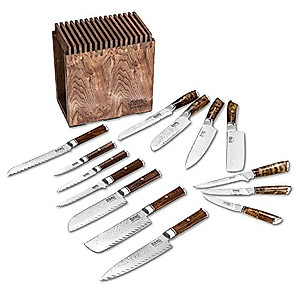 Knife Set Block - 8 Piece Chefs Knife Set - Damascus Steel VG10 Japanese Stainless Steel Home Kitchen Knife Set With Shadow wood Handle&Unviersal Walnut Block