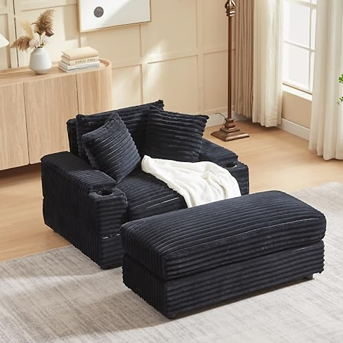 Verfur Oversized Chaise Lounges Indoor - 43.3" Deep Seat Sectional Sofa Corner Couch with Movable Ottoman, Storage Armrest & Cupholders- Plush Corduroy Upholstered Lounge Chair for Living Room Office