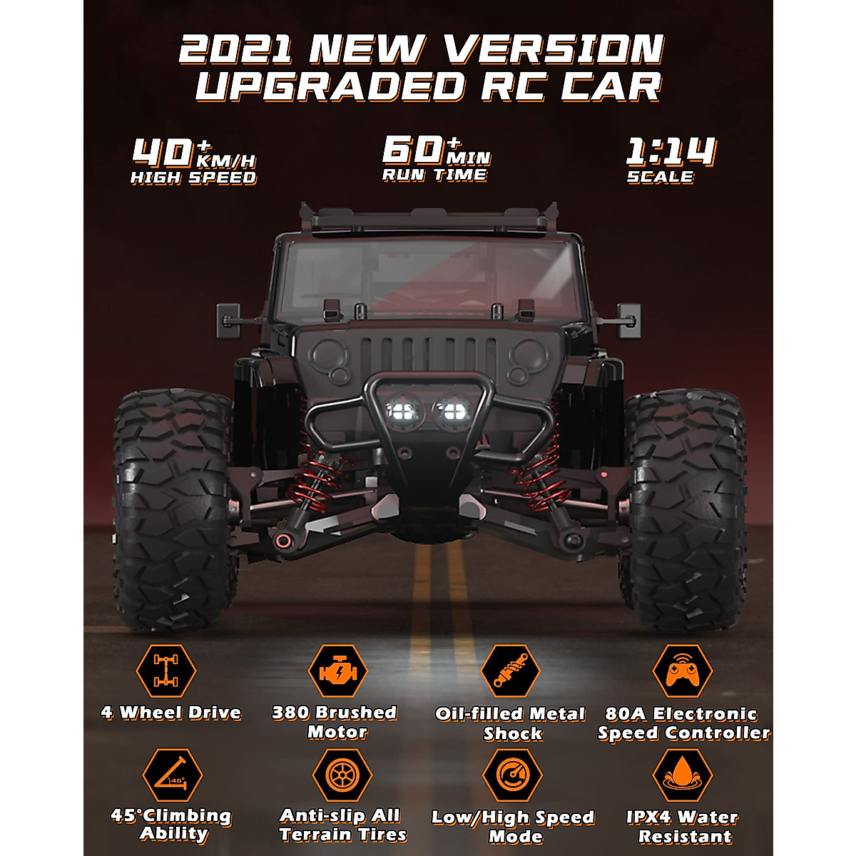 caivun 1:14 Scale Big RC Car, RC Cars 4WD Off Road Hobby Trucks 40+ KM/H High Speed Remote Control Car with Two 1500mAh Batteries, 2.4GHz All Terrain Toy Vehicle Crawler Gift for Adults Teens Boys