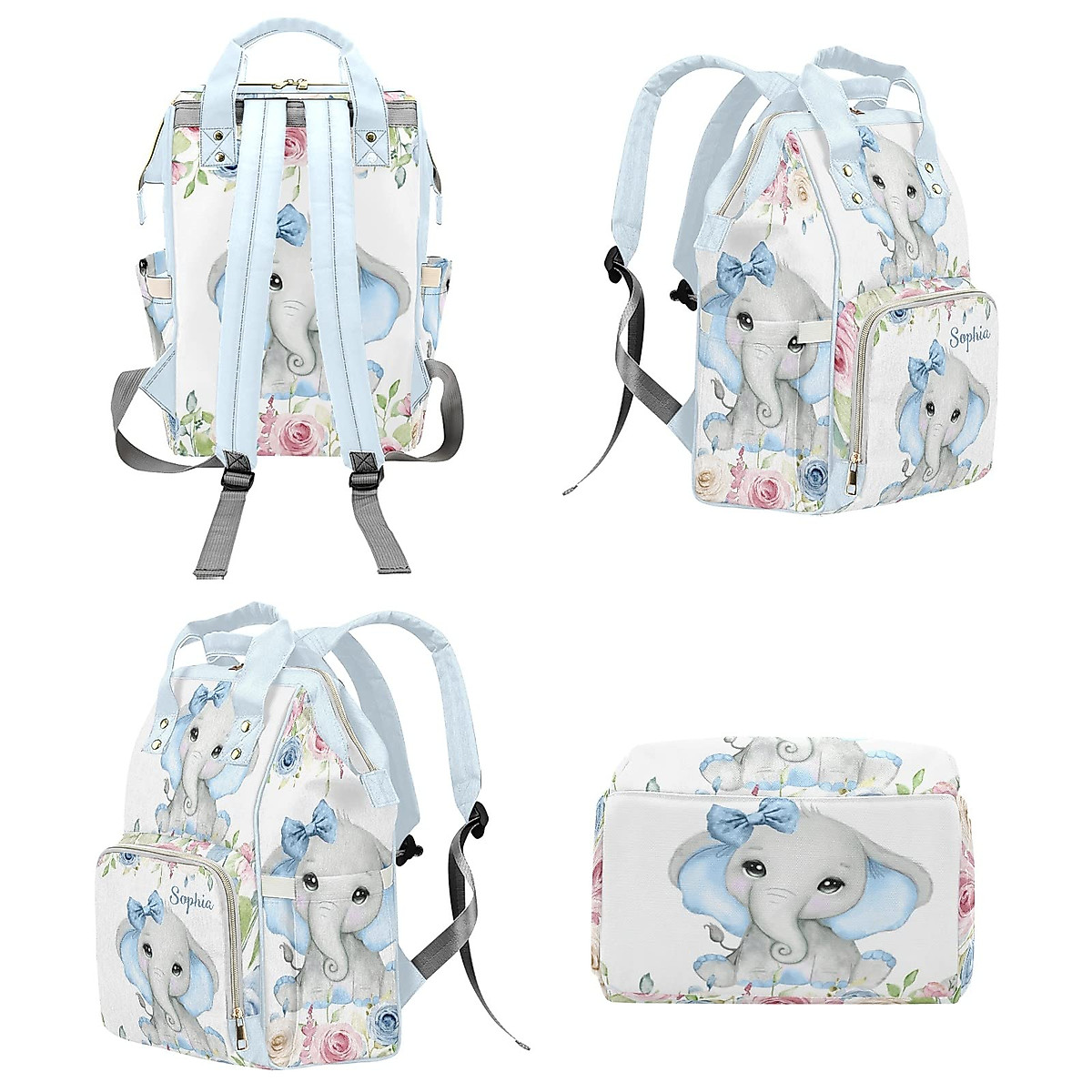 Blue Pink Flowers Roses Elephant Personalized Diaper Backpack with Name,Custom Travel DayPack for Nappy Mommy Nursing Baby Bag One Size