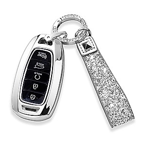 Royalfox(TM) 3 4 5 buttons 3d bling diamond fashion crystals smart remote Key Fob case Cover For Hyundai i30 Azera ix35 Elantra Accent Santa Fe IG Grandeur,2017-2022 Hyundai Palisade keychain (silver)