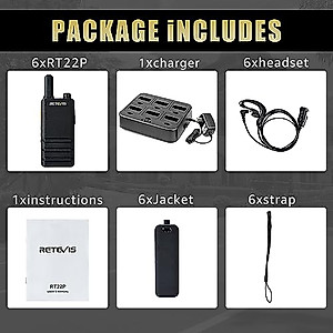 Retevis RT22P,New Version of RT22(2.0),Portable 2 Way Radio with Earpiece,1620mAh Battery,USB-C,Rechargeable Walkie Talkies(6 Pack) with 6 Way Multi Gang Charger,for Church Security School Warehouse