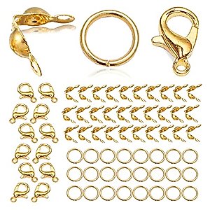 450pcs Jewelry Making Accessories Set Includes 200pcs Open Jump Ring Connectors 200pcs Bead Tips Knot Covers and 50pcs Lobster Claw Clasps for Bracelet Necklace DIY Jewelry Making Supplies (Gold)