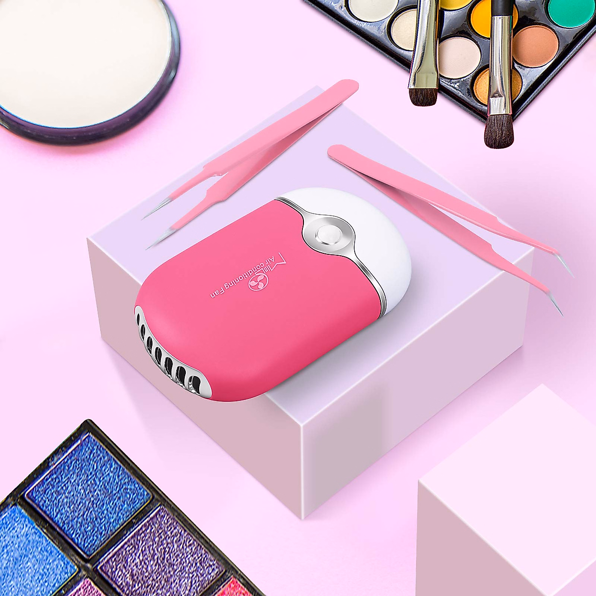 Eyelash Fan Dyer with 2 Pcs Lash Tweezers,USB Mini Portable Fan Rechargeable Air Conditioning Blower with Straight and Curved Tip Tweezers for Eyelash Extension Girls Women(Rose Red)