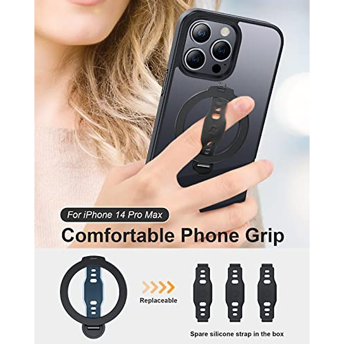 EWA Designed for iPhone 14 Pro Max Case (6.7 Inch) Compatible with MagSafe, MagOne Case with Stand, Ring Holder Strap Grip, Shockproof Protection (Matt Black)