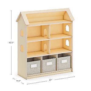 Guidecraft EdQ Dollhouse Bookcase - Natural: Kids' Wooden Organizer Shelves with Removable Storage Bins for Books, Dolls, and School Supplies | Children's Bedroom and Classroom Furniture