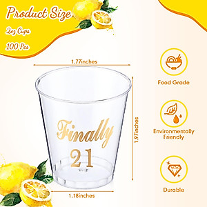 Roshtia 100Pcs 21st Birthday Shot Glass Finally 21 Plastic Shot Glass Disposable Shot Glass 2 oz Sample Cup Clear Plastic Shot Cup for Him Her Celebrate Twenty One 21st Birthday Party Supplies (Gold)