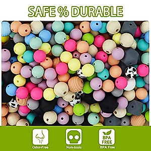 Silicone Beads, 250 Pieces Silicone Beads for Keychain Making, 12mm Round Beads 15mm Hexagon & Thread Beads 16 Colors Rubber Beads with Lanyard Accessories for DIY Bracelet Necklace Crafts Making