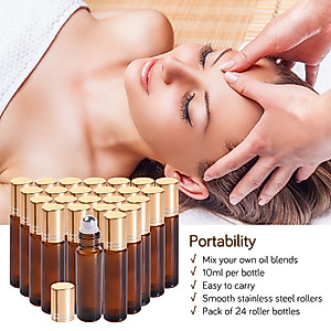 PrettyCare Roller bottles for oils 10ml (Amber Glass, 24 pack, 4 Extra Stainless Steel Balls, 48 Labels, Openers, 2 Funnels, 2 Droppers Roller Balls For Essential Oil Roller Bottles