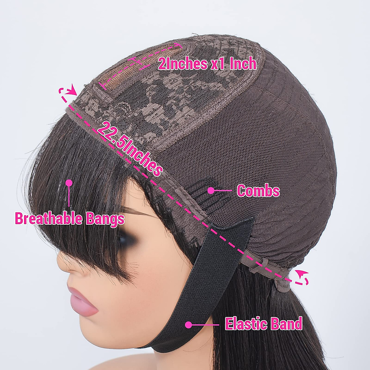 LUVME HAIR 10 Inch Short Black Straight Bang Wig with Minimalist 2x1 Lace Scalp For Women