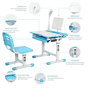 Diroan Kids Functional Desk and Chair Set, Height Adjustable Children School Study Desk with Tilt Desktop, Book Stand, LED Light, Metal Hook and Storage Drawer for Boys Girls Blue