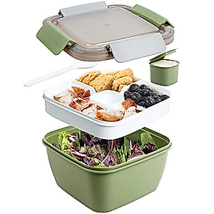 shopwithgreen 52 OZ to Go Salad Container Lunch Container, BPA-Free, 3-Compartment for Salad Toppings and Snacks, Salad Bowl with Dressing Container, Built-in Reusable spoon, Microwave Safe