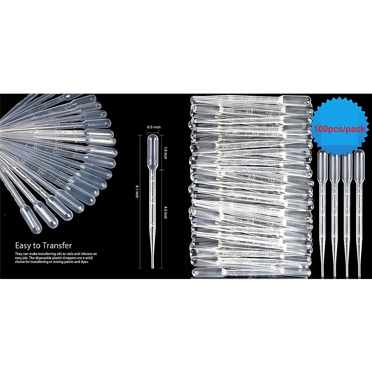 Pack of 100 3ml Plastic Transfer Pipettes Eye Dropper,Essential Oils Pipettes Dropper Makeup Tool