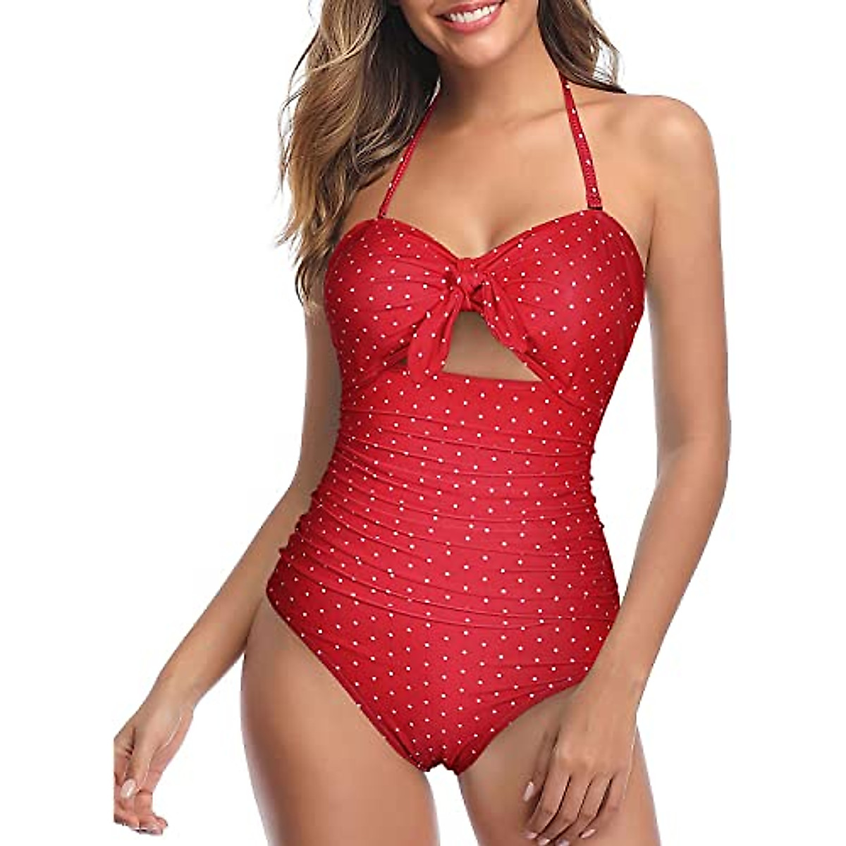 Tempt Me Women Red Polka Dot Sexy Cutout One Piece Swimsuits Tummy Control High Waisted Halter Front Tie Knot Bathing Suit L