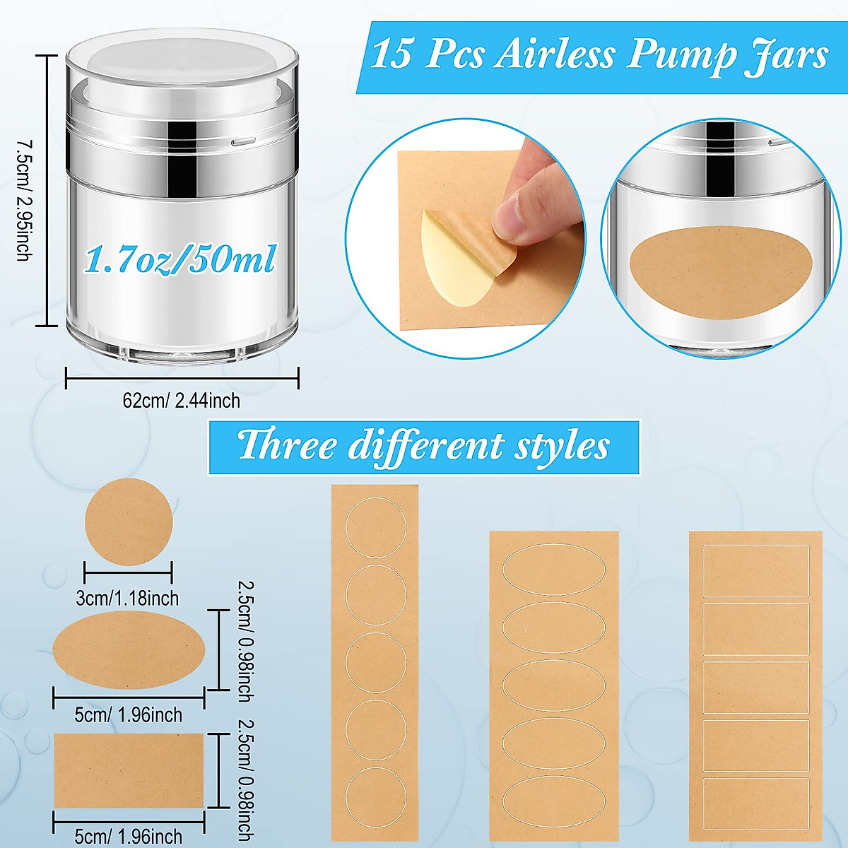 15 Pcs Airless Cosmetic Container Vacuum Cosmetic Bottle Vacuum Cream Jar Travel Cream Container Empty Refillable Cosmetic Air Pump Bottle Airless Pump Jars for Creams (1.7oz/50ml)