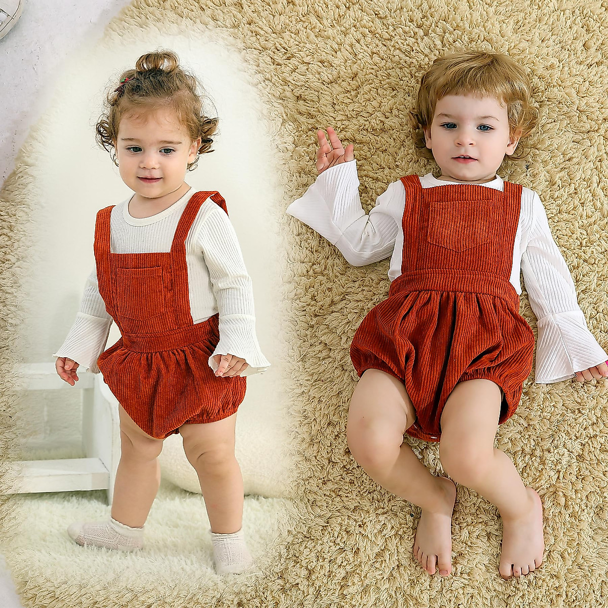 Tiny Cutey Newborn Baby Girl Clothes Bell Sleeve Romper and Corduroy Overalls Shorts Infant Girl Fall Outfits (White Romper & Brown Overalls, 6-12 Months)