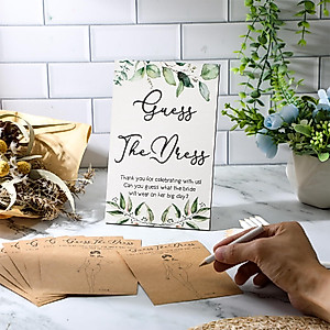 Seajan Guess The Dress Bridal Shower Game Wooden Game Sign Fun Bridal Shower Games Table Sign 50 Small Guessing Cards 50 Pencils for Guests Wedding Games Bachelorette Party Supplies (Green Leaves)