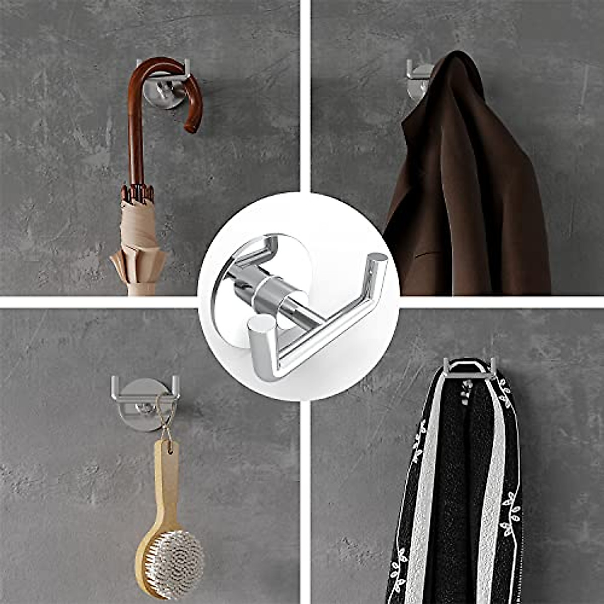 Ruacq Adhesive Double Towel Hook Chrome Round Base Bathroom Robe Towel Holder Hand Towel Hanger Stainless Steel and Zinc Alloy Modern Wall Mounted or Self-Adhesive