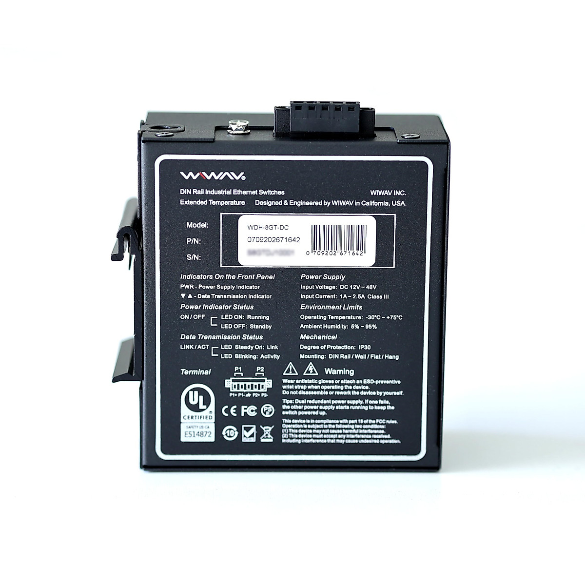 WIWAV WDH-8GT-DC 10/100/1000Mbps Unmanaged 8-Port Gigabit Industrial Ethernet Switches with DIN Rail/Wall-Mount (UL Listed, Fanless, -30°C~75°C)