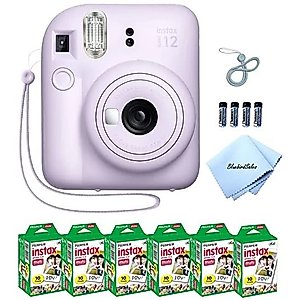 Fujifilm Mini 12 Instant Camera Starter Bundle: Includes Mini Film Value Pack (60 Sheets) + 4 Pack AA Batteries + Lens Cleaning Cloth (Lilac Purple)