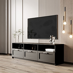 Black TV Stand with Storage Drawers for 70/75/80 inch TV, Entertainment Center Morden TV Stand, Media Console Table with Open Shelves for Living Room, Black