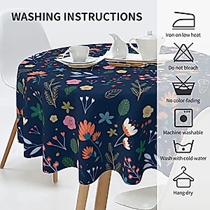 Spring Summer Floral Tablecloth Round 60 Inch Farmhouse Navy Blue Background Wildflower Round Tablecloth Polyester Washable Table Cover Table Cloth for Kitchen Dining Room Picnic Patio Party