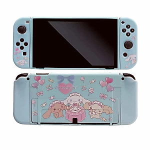 Cute Cinnamon roll Case Compatible with Nintendo Switch OLED, Dockable Case Cover, Ergonomic Soft TPU Grip Case for Joycon, Sparkle Skin Set
