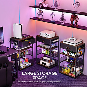 Hongtamoya 4-Tier AV Media Stand with Drawer, Video Game Console Shelf with 2 Hooks, Audio Rack Tower Perfect for/Xbox/ PS5/Switch/Game Consoles/DVD/Record Player/Projector/Sky Box/TV Accessories