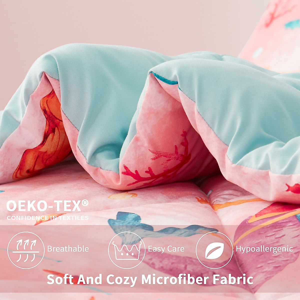 UMCHORD Pink Mermaid Kids Bedding Set for Girls, Twin Size 5 Pieces Bed in a Bag, Super Soft Lightweight Microfiber Comforter Set with Sheets, Hotel Quality Durable Children Bed Set