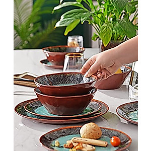 Gufaith Melamine Dinnerware Sets 12 Pcs, Plates and Bowls Sets for 4, Camping Plates, Unbreakable Dinnerware Set, Melamine Plates, Lightweight, BPA free, Dishwasher Safe, Blue with Brown