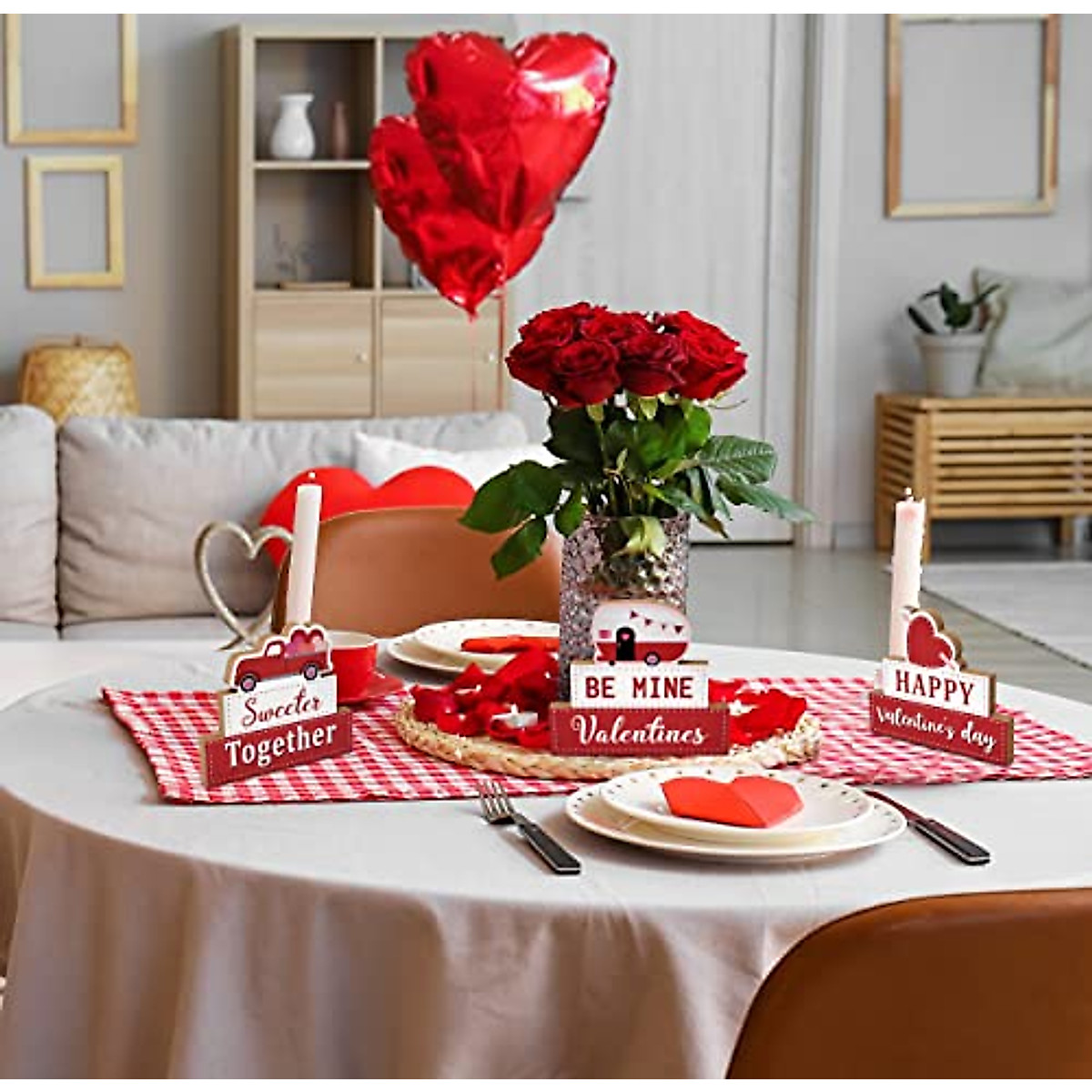 3 Valentines Day Wooden Table Decor Centerpieces for Tables Happy Valentine’s Tabletop Centerpiece Valentine Love Home Desktop Decorations Wood Heart Shelf Decoration Hearts Red Desk Mantle