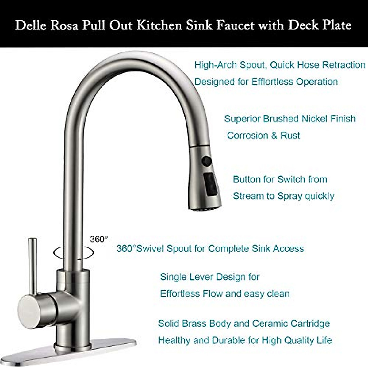 Delle Rosa Kitchen Faucet, Brushed Nickel, Single Handle, Pull-Down, 3-Way Spray Setting, Easy Installation, Lead-Free