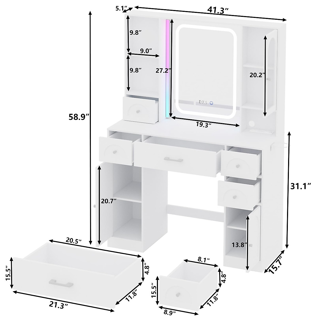 White Vanity Desk with Mirror and Lights,Makeup Vanity with RGB Lights and Power Strip,Makeup Desk Vanity Table with 5 Drawers Lots Storage & Time Display,3 Lighting Modes LED Lighted Mirror,41.3in(L)