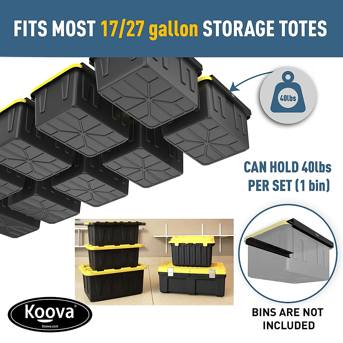 Koova Heavy-Duty Overhead Garage Storage Rack for 9 Bins. Adjustable Width, 360lb Capacity. DIY Safe Mount, Easy Install. Fits 27-Gallon Totes. USA Made Pro-Grade Steel. Space Saving Organizer
