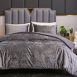 YOZEN Queen Size Korean Velvet Comforter Set Grey Gray, 3 Pieces Crushed Crinkled Luxury Textured Bedding Comforter Sets, Lightweight Microfiber Down Alternative Bed Set