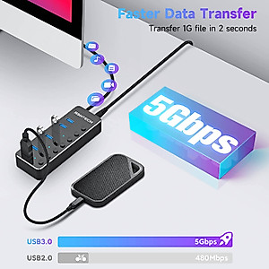 Powered UBS Hub, RSHTECH 7 Port USB 3.0/USB C Hub Upgraded Version Aluminum USB Hub with 2-in-1 USB Cable,5V 3A Power Adapter and Individual Switches, USB Port Expander Hub for Laptop and PC, RSH-ST07