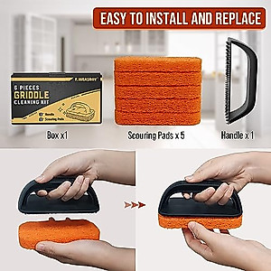 6-Piece Griddle Cleaning Kit for Blackstone, Flat Top Grill Cleaning Kit Non-Scratch Scouring Pads for Kitchen - 5 Scrubber Pads and 1 Handle
