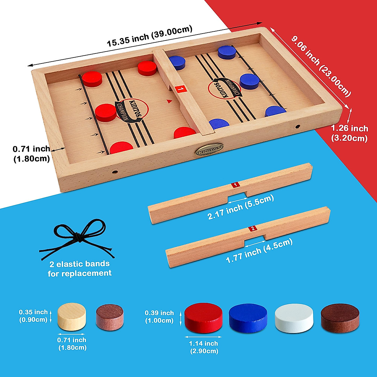 Kiditos 22.4" Fast Sling Puck Wooden Tabletop Hockey Game - 3 Levels, 2-4 Players, Slingshot Game for Family Game Night