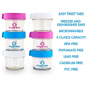 PreppyBaby 4 oz Glass Baby Food Storage Containers with Lids - Pack of 12 Reusable Dishwasher & Microwave Safe Food Jars w/ 2 Bamboo Infant Spoons, Recipe Booklet & Non-toxic Easy Erase Marker (White)