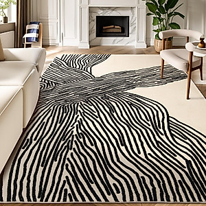 YIHOUSE 8×10 Ft Area Rugs Non-Shedding Washable Rug, Bedroom Living Room Dining Room Office Nonslip Modern Large Rugs Soft Faux Wool Carpet Indoor Contemporary Striped Rugs-Black and White Rug