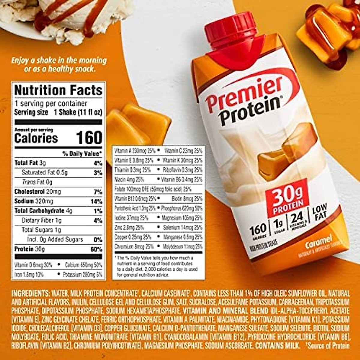 Premier High Protien Shakes Variety Sampler Pack, 11 Fl. Oz Each - Cafe Latte, Chocolate, Vanilla, Caramel, Cake Batter, Chocolate Peanut Butter - 2 of Each Flavor (12 Pack) in The Award Box
