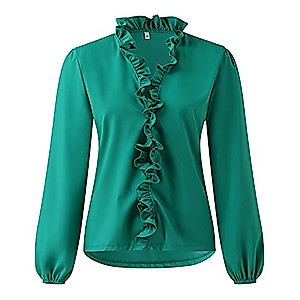 Long Sleeve Ruffle Shirts for Women Ladies Elegant Solid Fashion Fall Clothes Plus Size V Neck Loose Pullover Tops Green