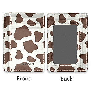 JUNZAN Slim Wallet Brown Cow Print Minimalist Wallets for Men Women Leather RFID Blocking Front Pocket Card Holder